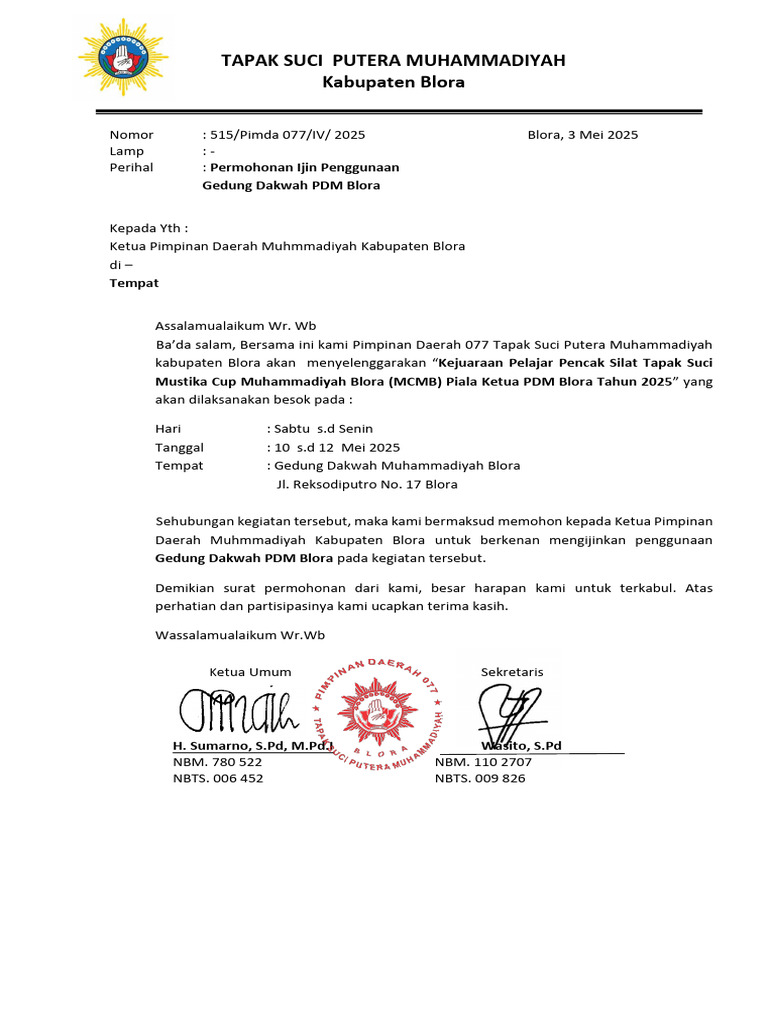 Surat Permohonan Pinjam Tempat | PDF