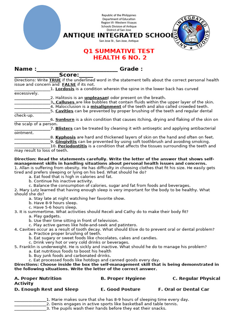 Summative Test q1 Health | PDF | Dentistry | Midwife