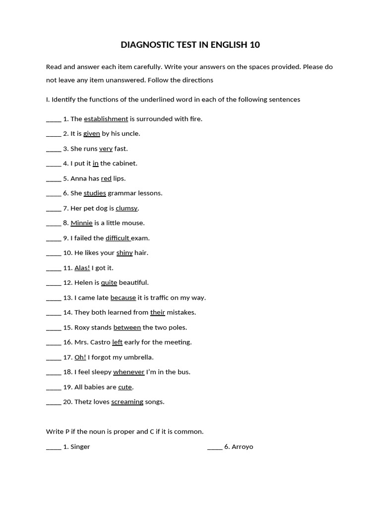 Diagnostic Test - English 10 | PDF | Adjective | Verb
