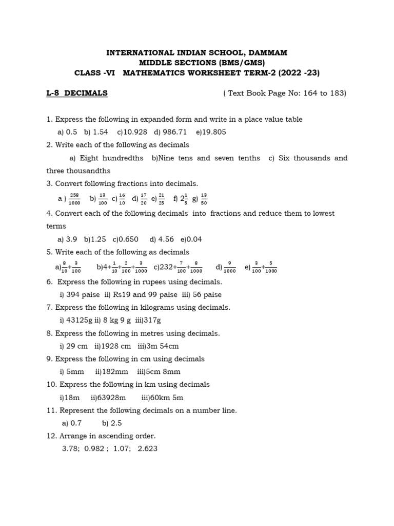 Class Vi Maths Annual Exam Worksheets Compiled | PDF | Perpendicular | Circle