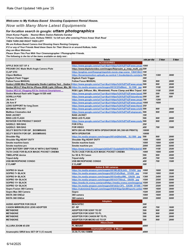 Kolkata Camera Rental Rate Chart | PDF | Digital Single Lens Reflex ...