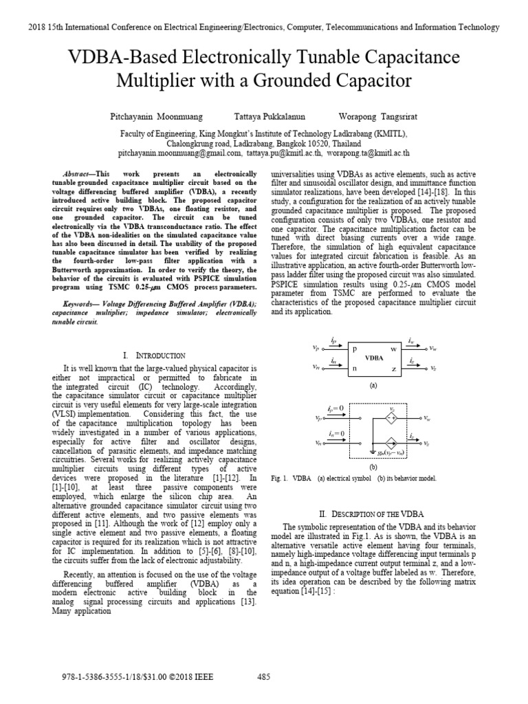 VDBA-Based Electronically Tunable Capacitance Multiplier With A Grounded Capacitor | PDF ...