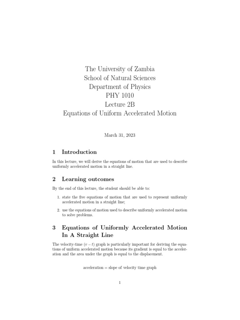 PHY 1010 Lecture 2B - Equations of Uniform Accelerated Motion | PDF ...