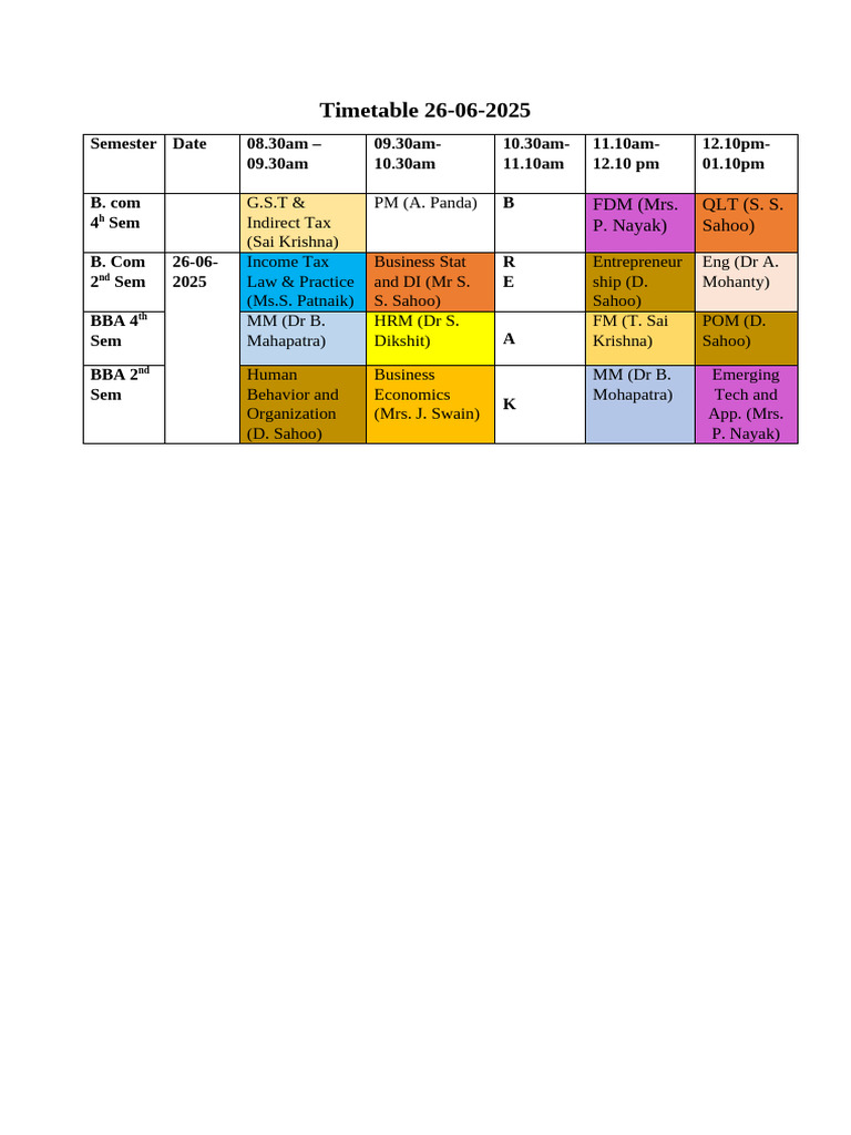 Timetable For 26th June | PDF