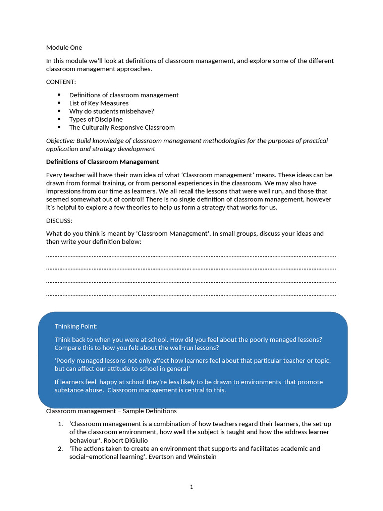 Classroom Management Training Module One | PDF | Corporal Punishment In ...