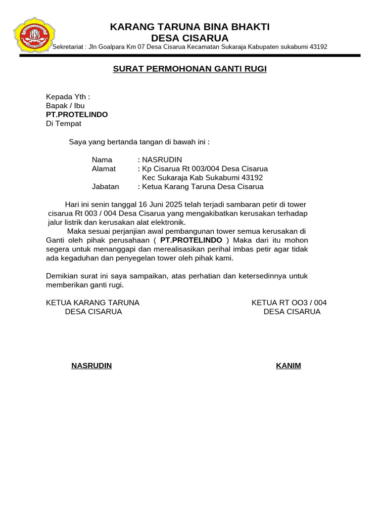 Surat Permohonan Ganti Rugi | PDF