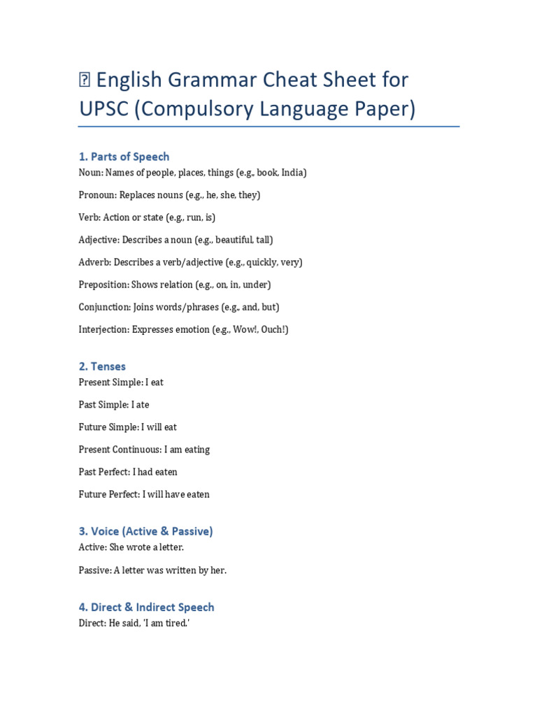 English Grammar Cheat Sheet UPSC | PDF