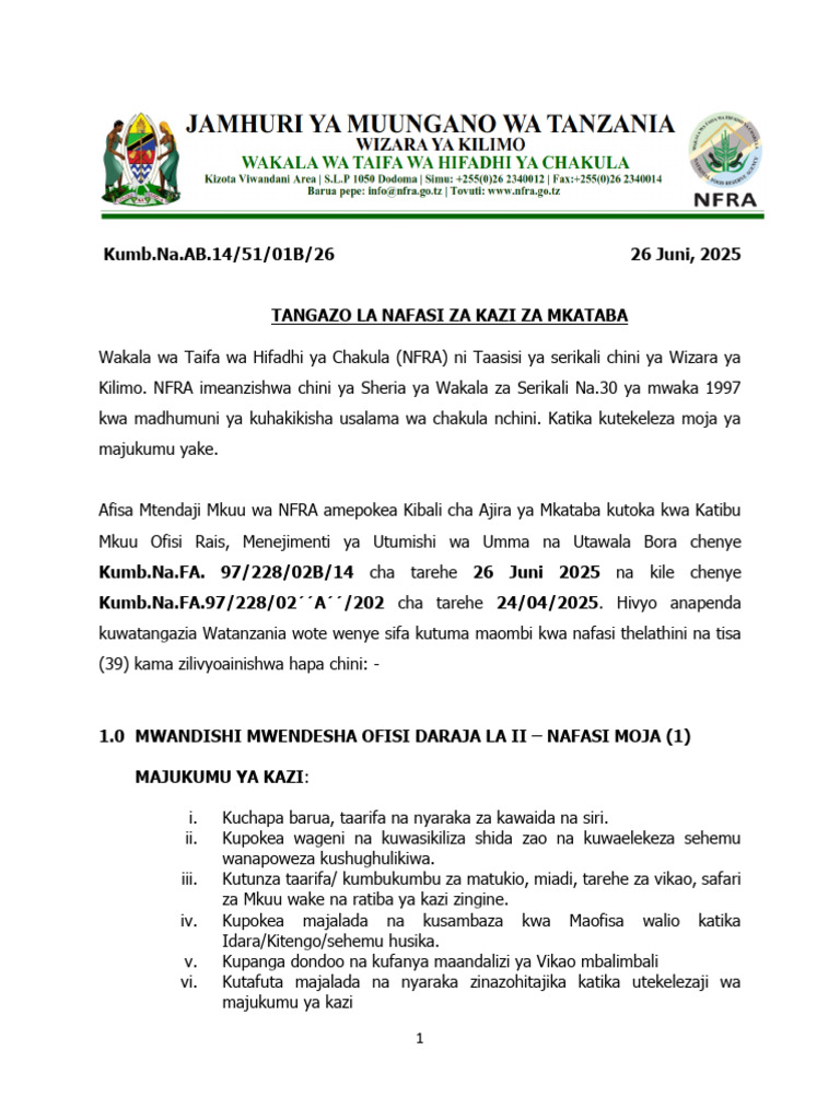 Tangazo La Ajira Juni 2025 | PDF