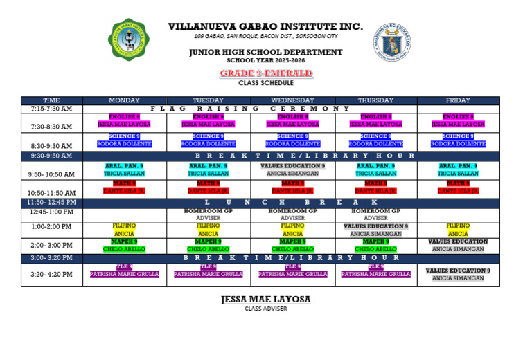 Villanueva Gabao Junior High Schedule | PDF