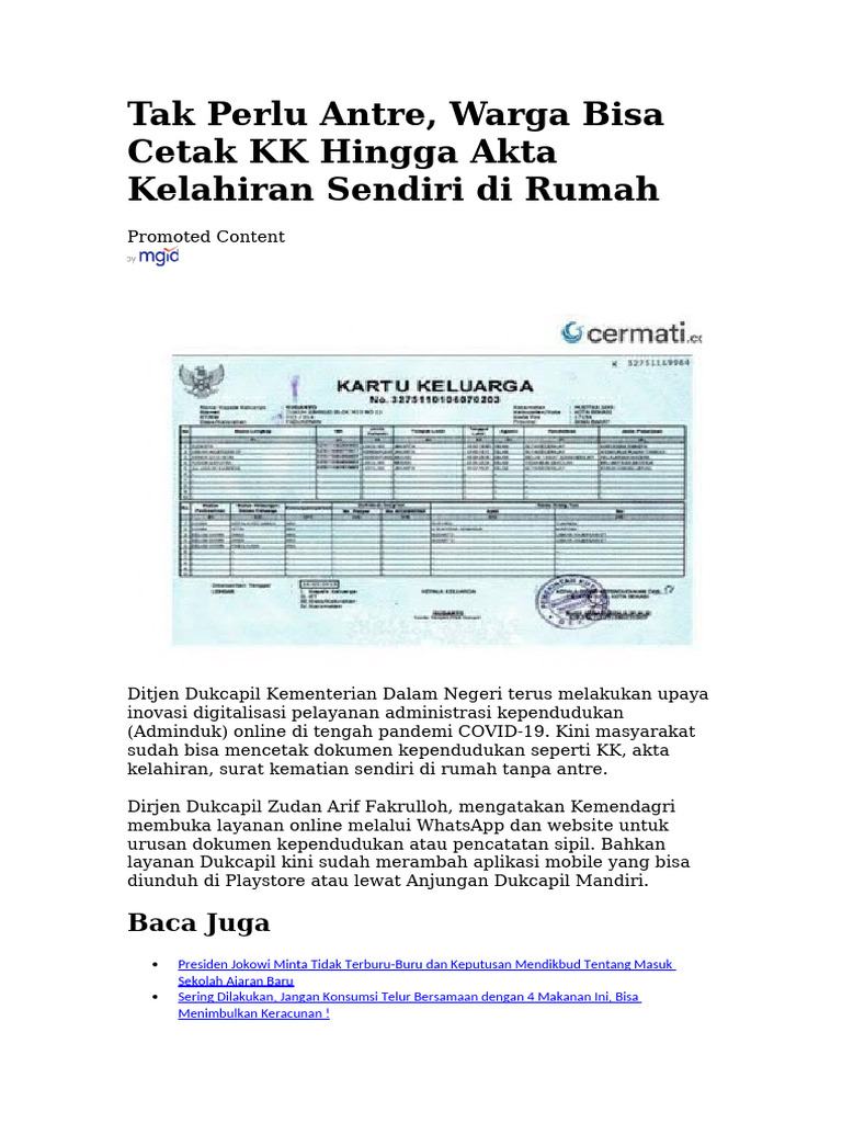 Tak Perlu Antre, Warga Bisa Cetak KK Hingga Akta Kelahiran Sendiri Di Rumah | PDF