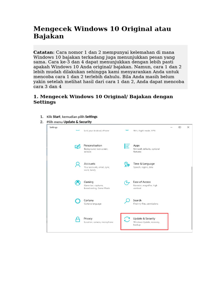 Mengecek Windows 10 Original Atau Bajakan | PDF