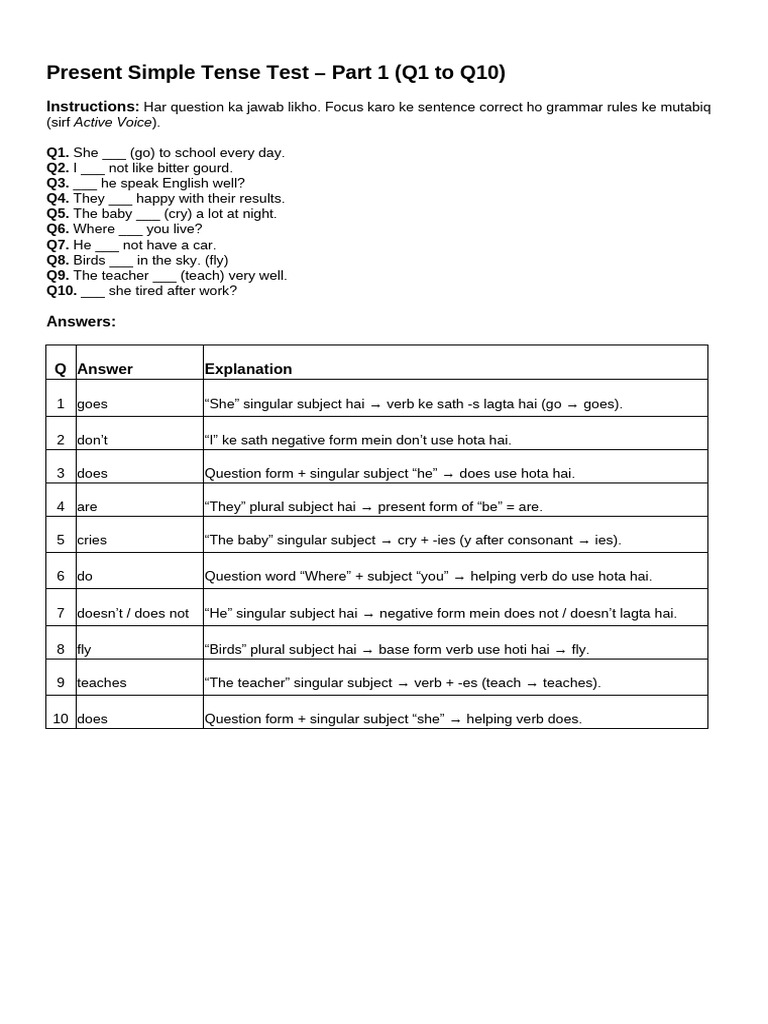 1.1 - Present Simple Tense Test (1-100) | PDF | Subject (Grammar) | Verb