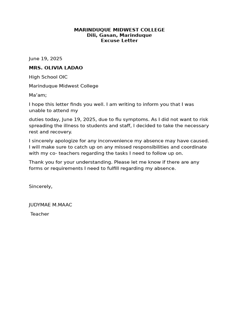 Excuse Letter for Teacher's Absence | PDF