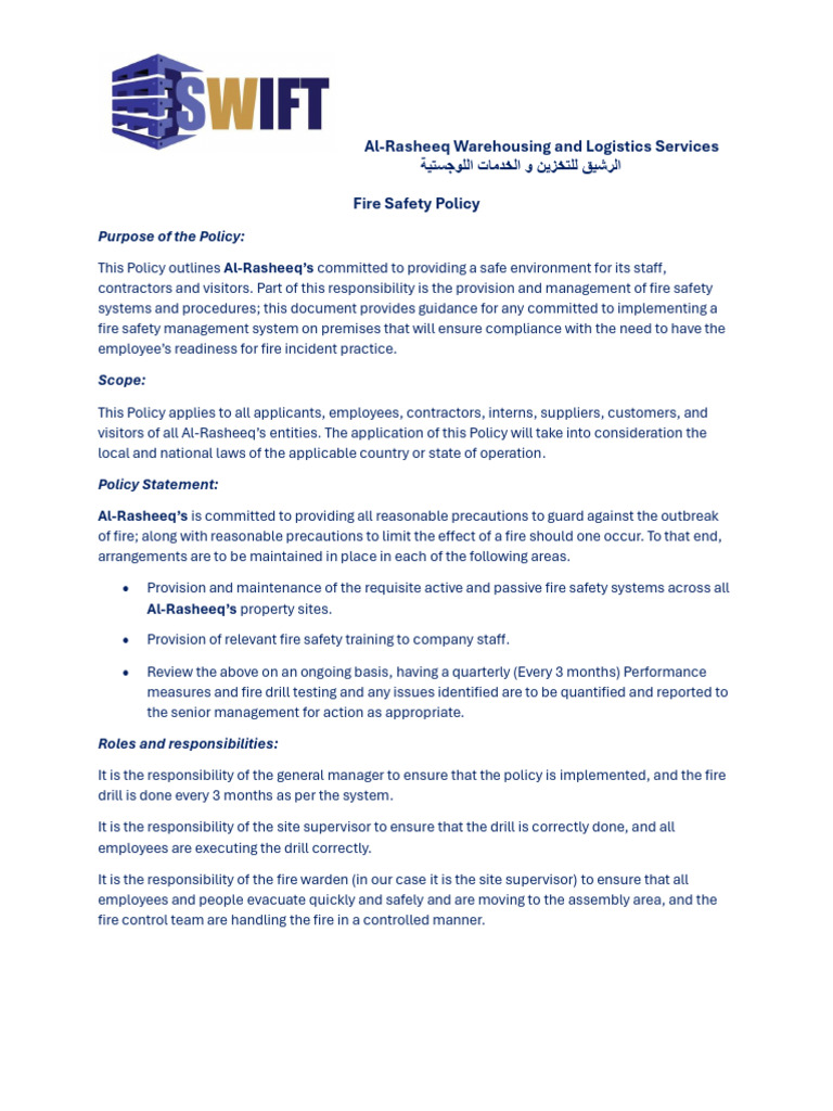 Al-Rasheeq Fire Safety Policy Overview | PDF | Fire Safety | Emergency ...