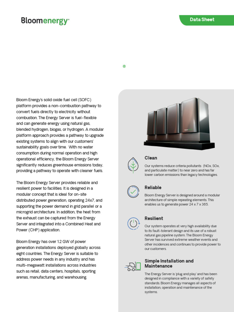 Bloom Energy Server Datasheet 2024 | PDF | Sustainable Technologies ...