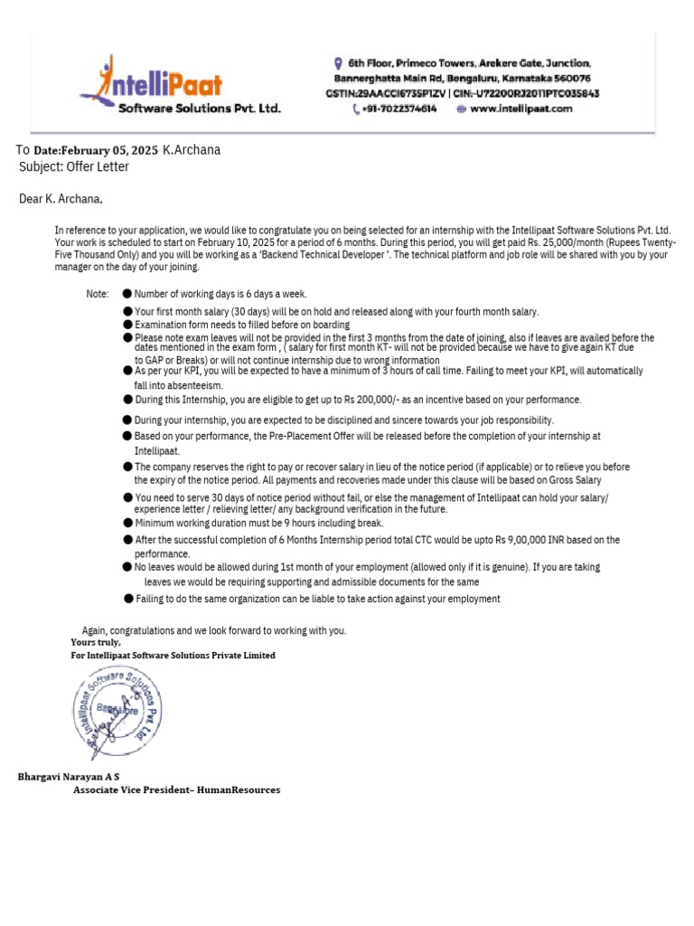 K. Archana Offer Letter - PDF - 20250424 - 222504 - 0000 | PDF | Salary | Labor
