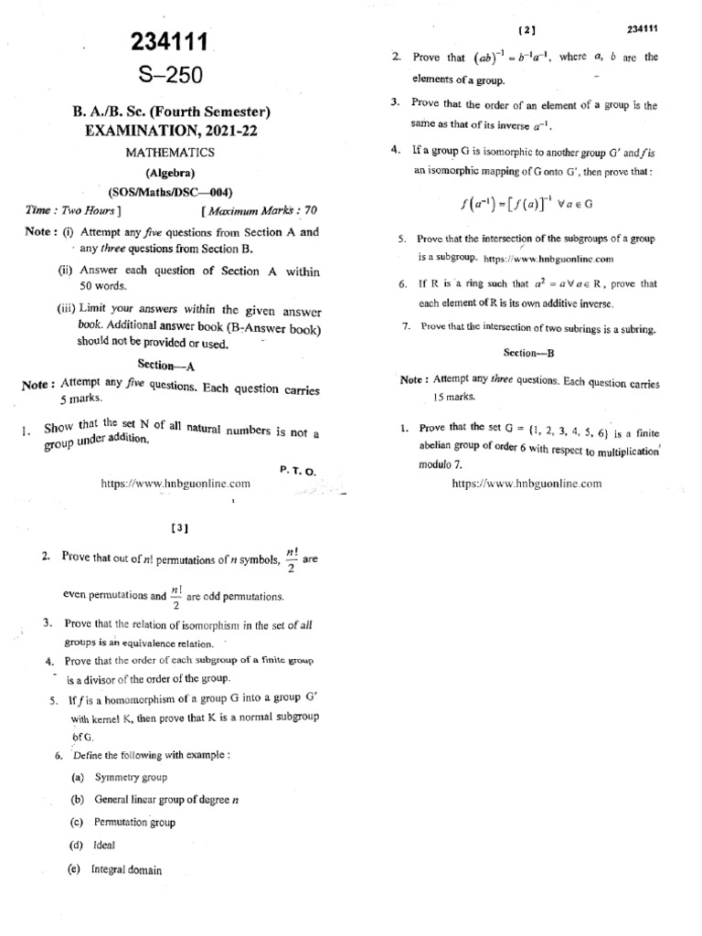 Ba BSC 4 Sem Mathematics Algebra S 250 2022 | PDF