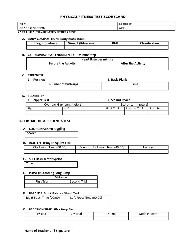 Physical Fitness Test Scorecard | PDF