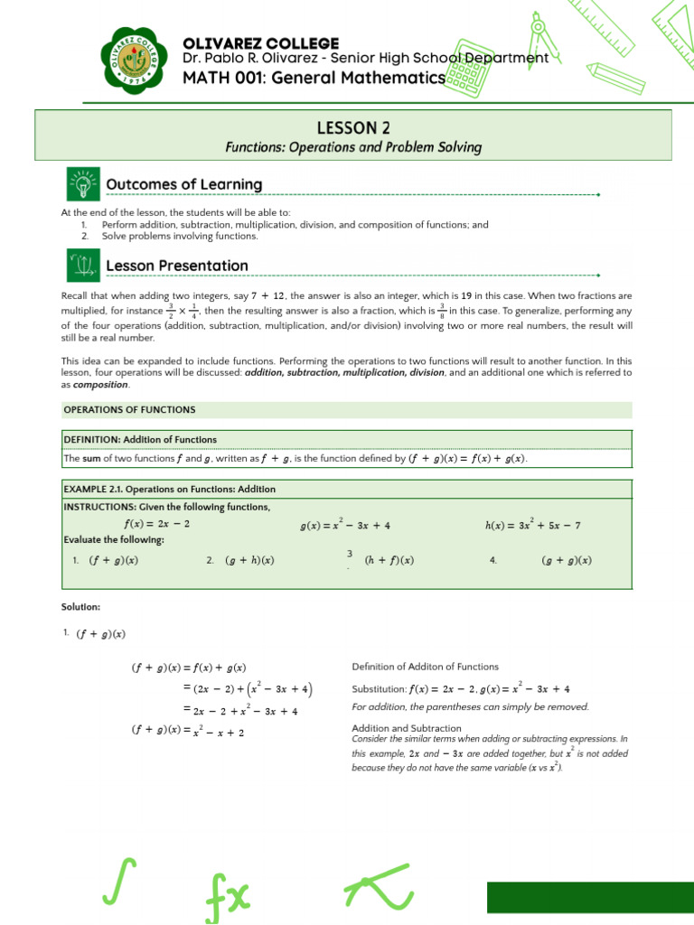 2324 MATH 001 Module 2 | PDF | Subtraction | Function (Mathematics)