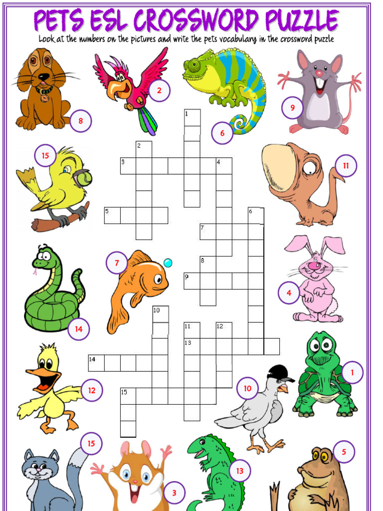 Pets ESL Printable Crossword Puzzle Worksheet For Kids | PDF