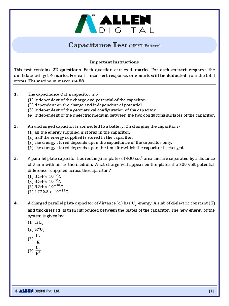 Capacitance Test Questions and Answers | PDF | Capacitor | Capacitance