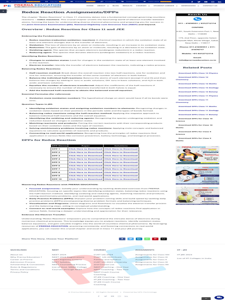 Redox Reaction DPPs - Prerna Education | PDF | Redox | Chemistry