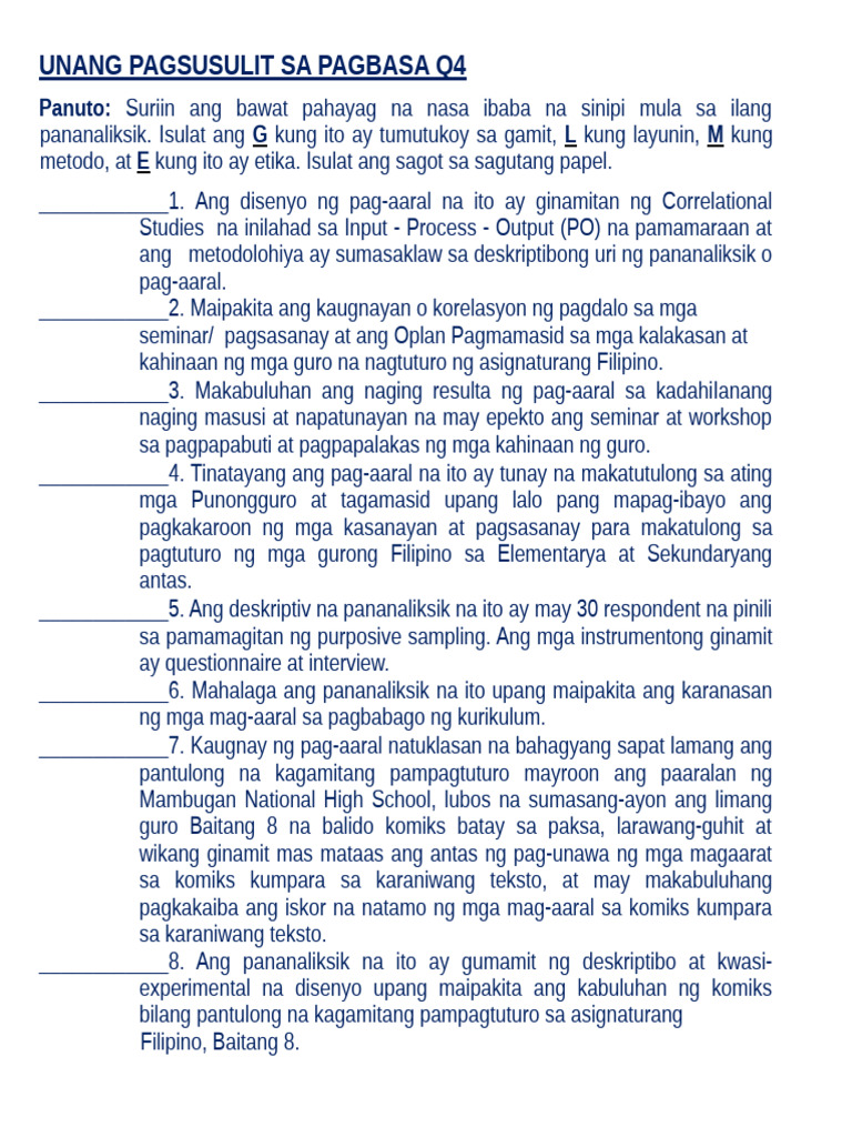 Unang Pagsusulit Sa Pagbasa Q4 | PDF