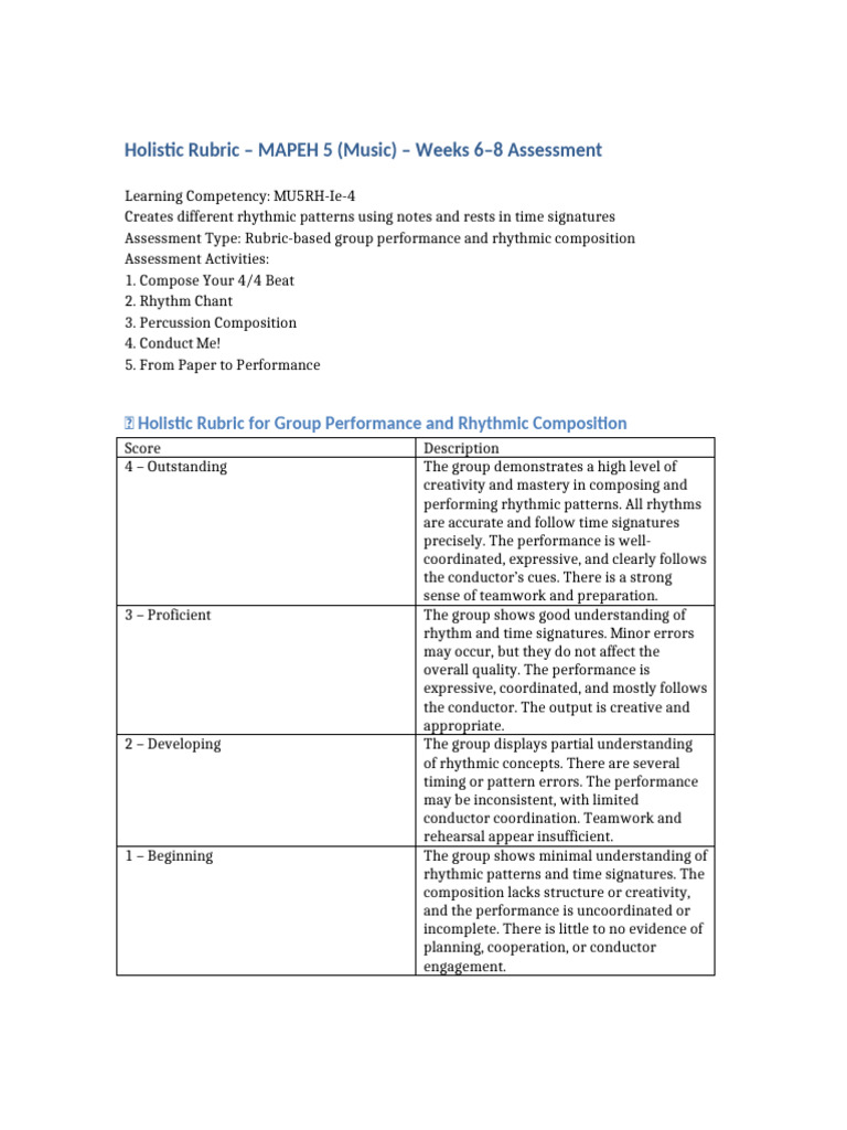 MAPEH5 Weeks6-8 Holistic Rubric | PDF | Rhythm | Conducting