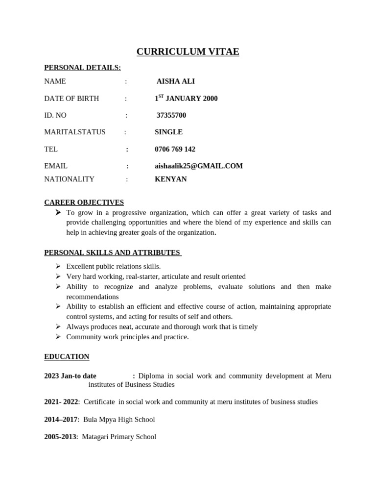 Aisha Ali's CV and Career Overview | PDF