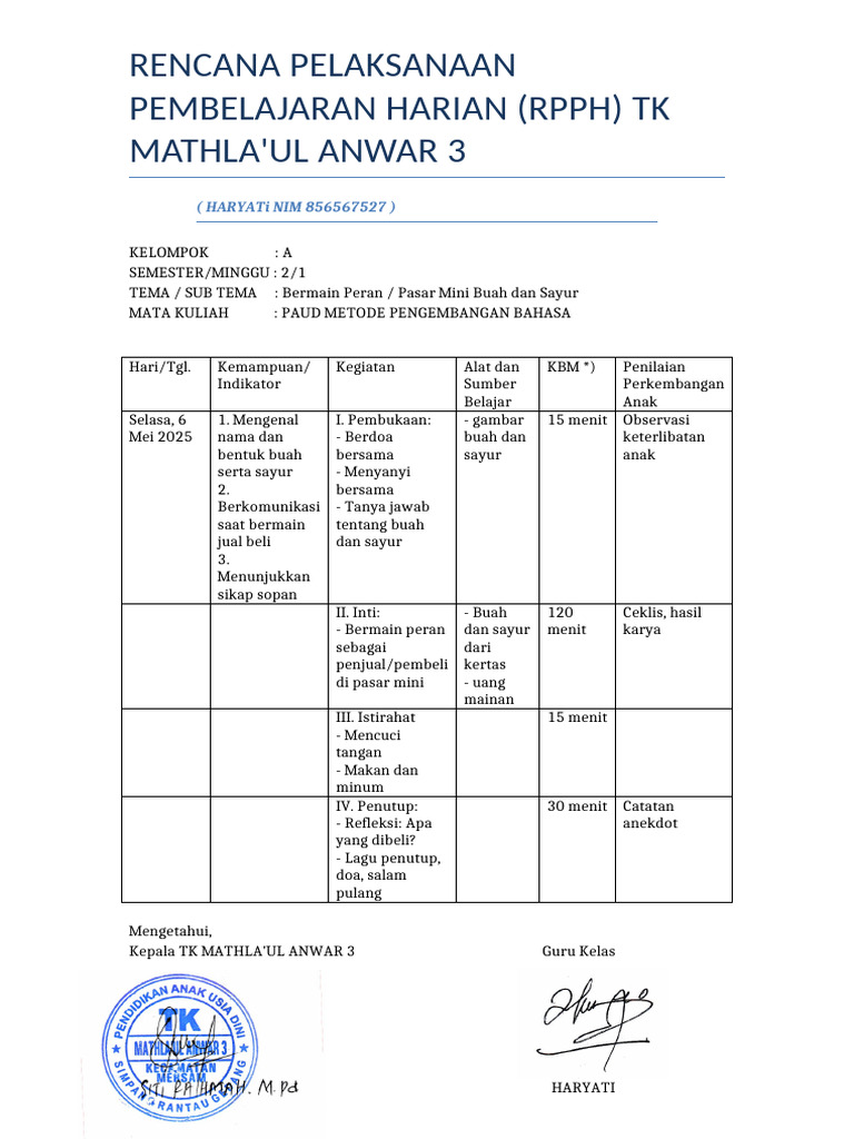 RPPH Format Tabel Pasar Mini | PDF