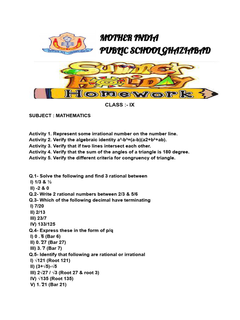 Class IX Holiday Homework | PDF