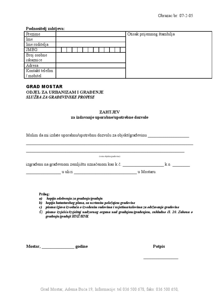 Zahtjev Izdavanje Uporabne Dozvole | PDF