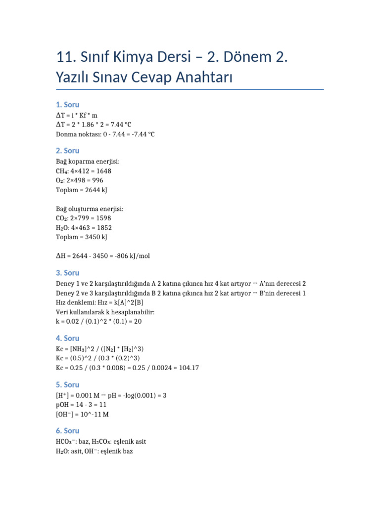 11 Sinif Kimya Yazili Cevap Anahtari | PDF