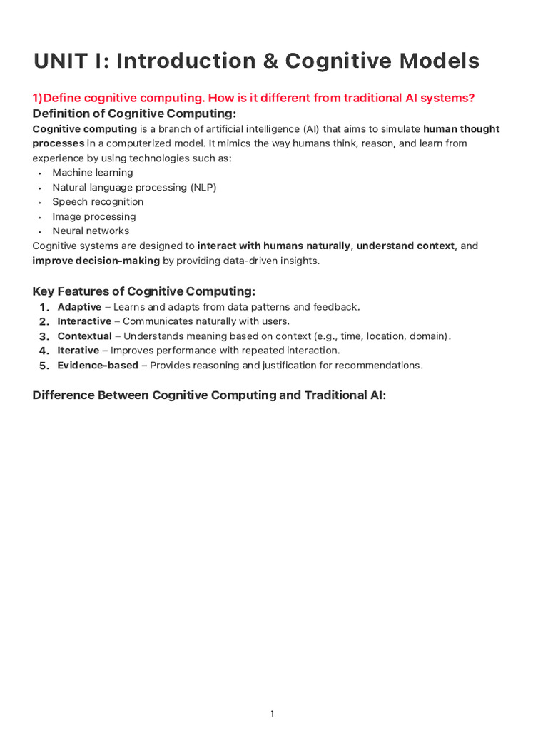 Cognitive Computing Unit I Introduction And Cognitive Models Pdf Intelligence Ai And Semantics