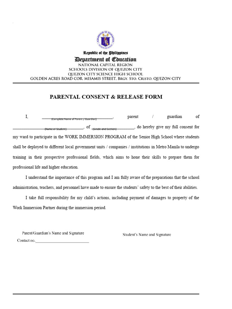 QCSHS Work Immersion List of Tasks Evaluation Tool Parental Consent Template | PDF