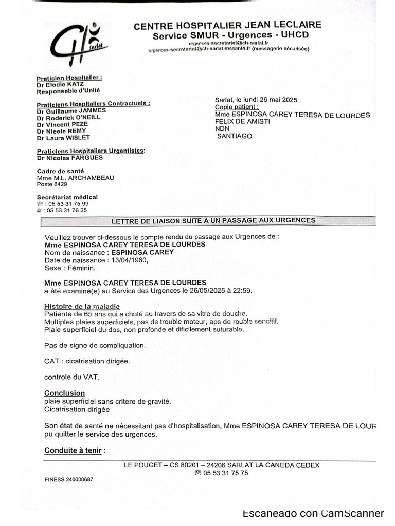 Certificado de Atención Teresa Espinosa Carey en Hospital Jean Leclaire de Sarlat La Cañeda 26. ...