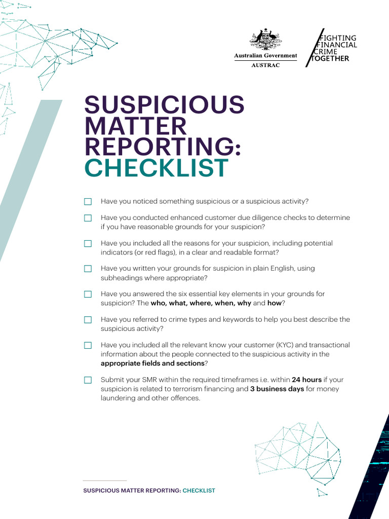 Suspicious Matter Reporting Checklist | PDF