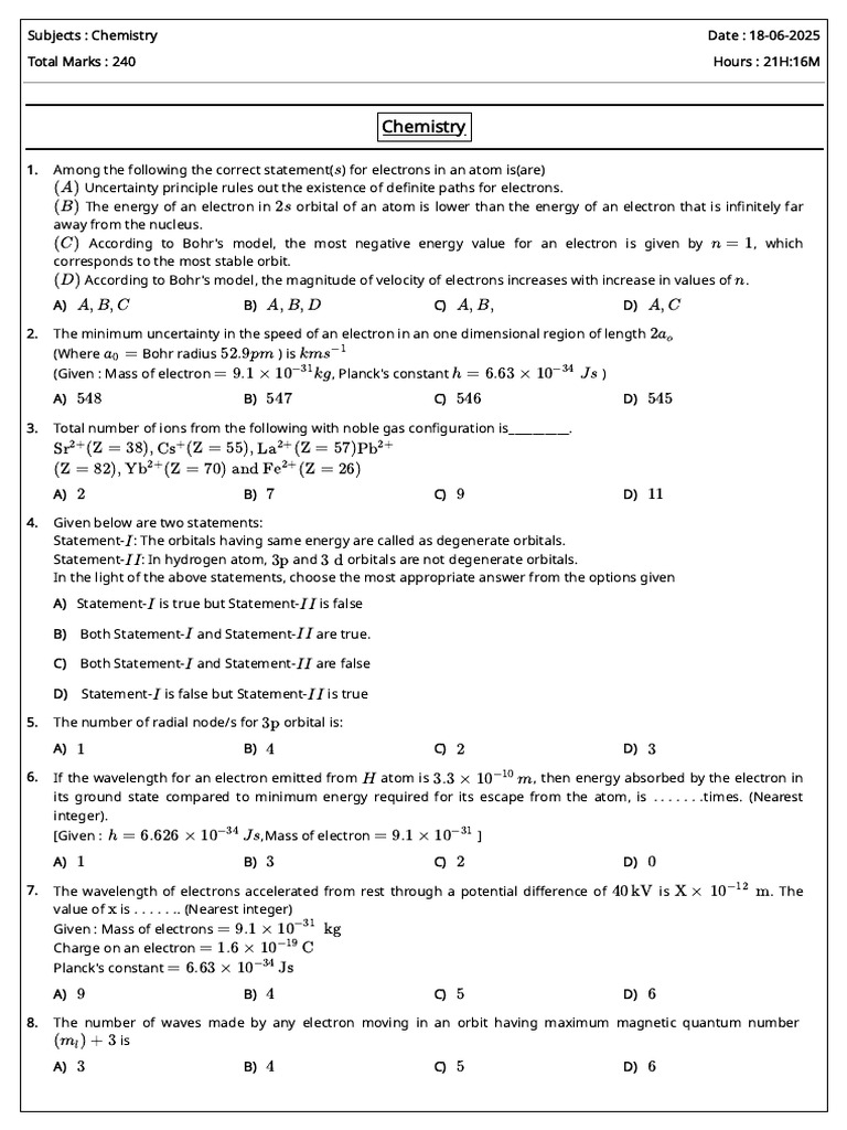 Chemistry Exam Overview 2025 | PDF | Atomic Orbital | Electron