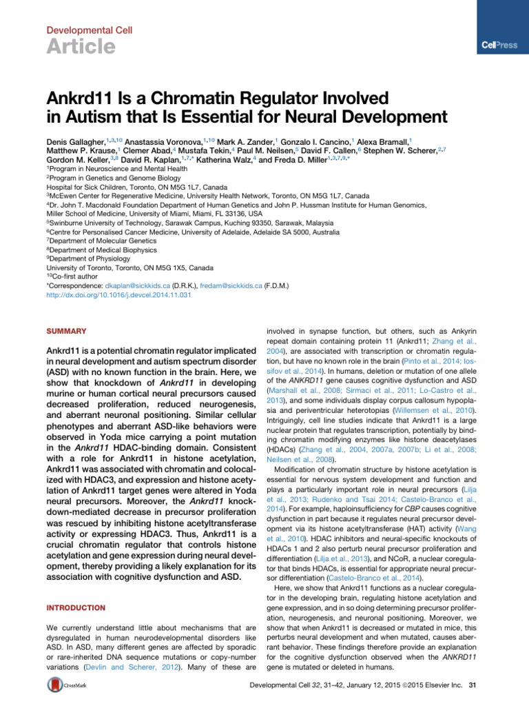 Ankrd11 Is A Chromatin Regulator Involved in Autism That Is Essential ...