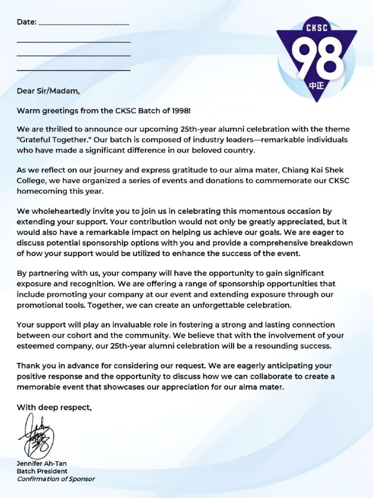 Sponsor Letter CKSC Batch 98 Events | PDF