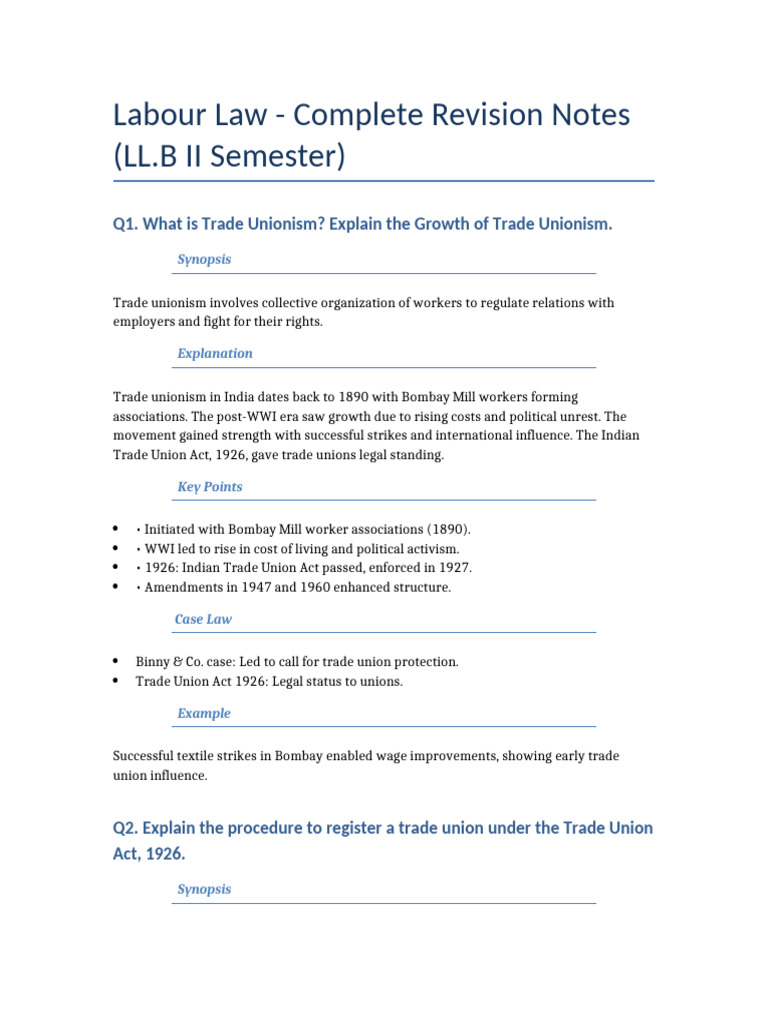 Labour Law Revision Notes Q1 To Q5 | PDF | Cost Of Living | Trade Union