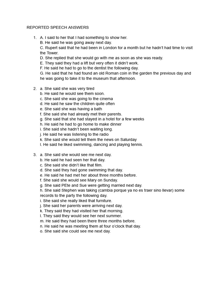 Reported Speech Answers | PDF