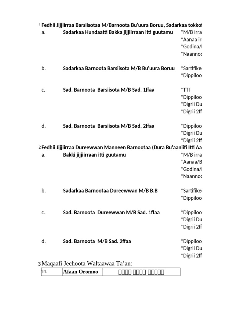 Unka Fedhii Jijjiirraa Bara 2018 | PDF