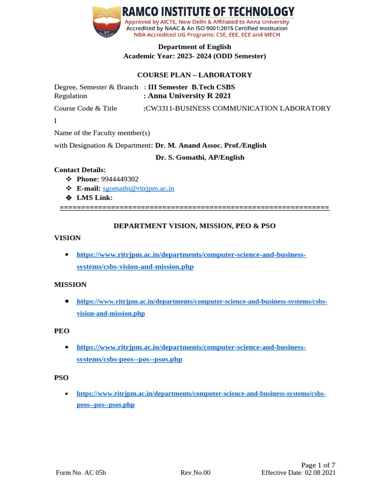 Cp-cw3311-Business Communication Laboratory I - Course Plan | PDF | Communication