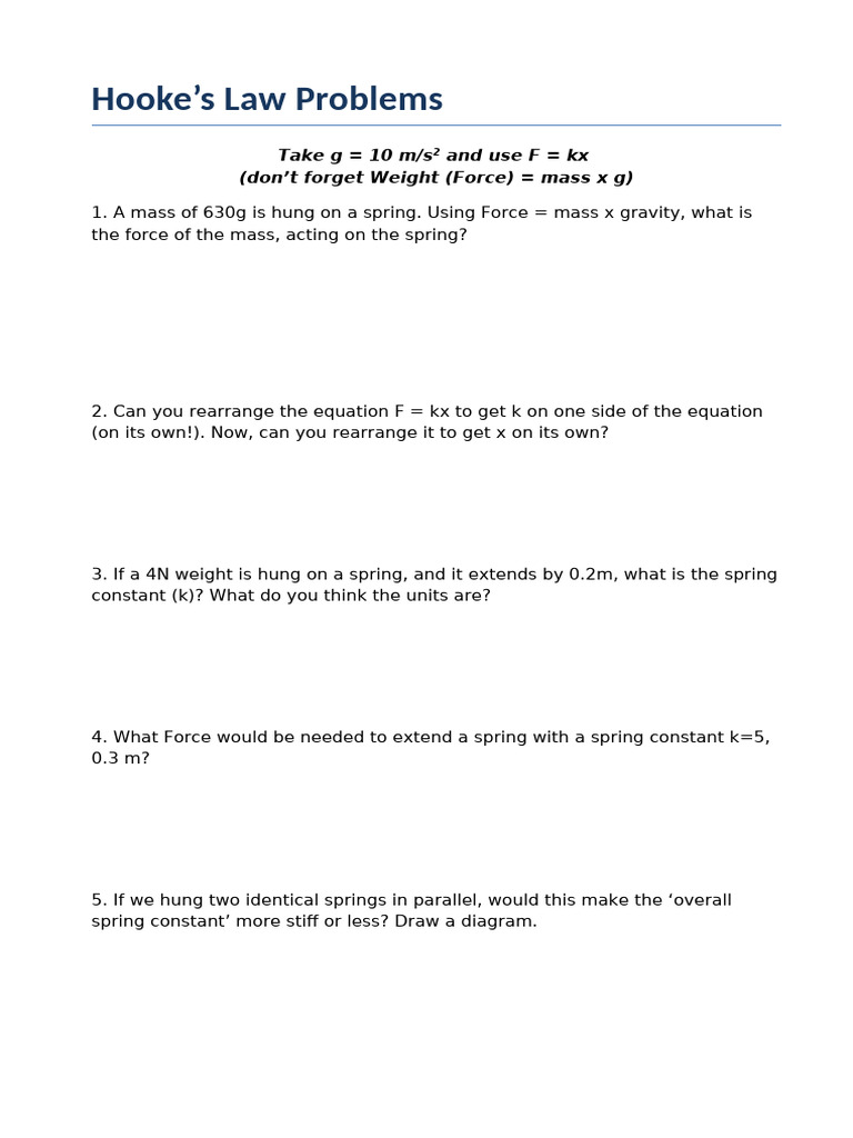 Hooke's Law Worksheet Homework | PDF