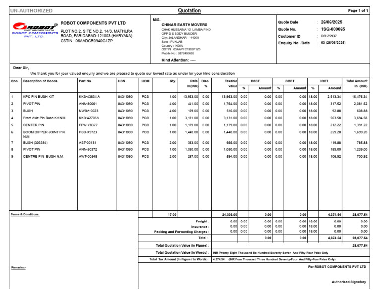 Quotation for Robot Components Supply | PDF