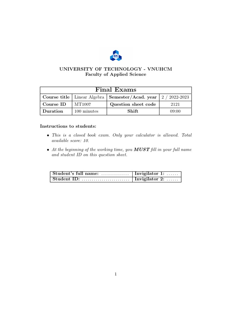 Linear Algebra Final Exam 2023 | PDF
