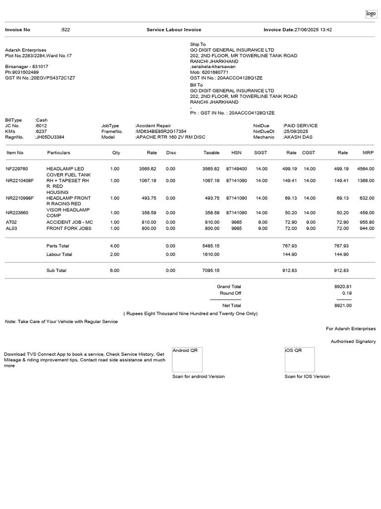 Invoice No Service Labour Invoice Invoice Date | PDF | Mobile Software ...