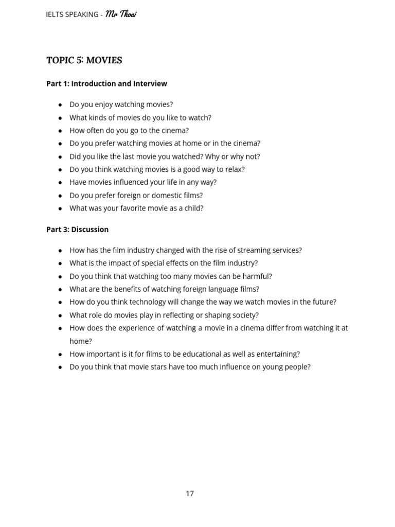 Lesson 10 - Speaking Topic 5 - Questions | PDF