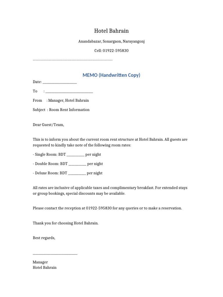 Hotel Bahrain Memo | PDF